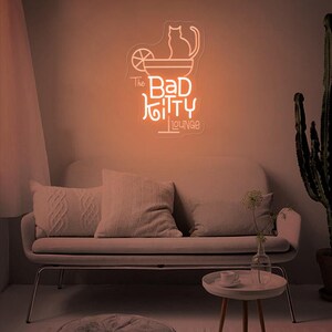 The Bad Kitty Lounge Neon Sign, Bar Wall Art, Black Cat Decor, Martini ...