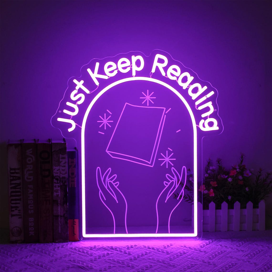 Just Keep Reading Neon Sign, Bookshelf Decor, Reading Neon Sign, Book ...