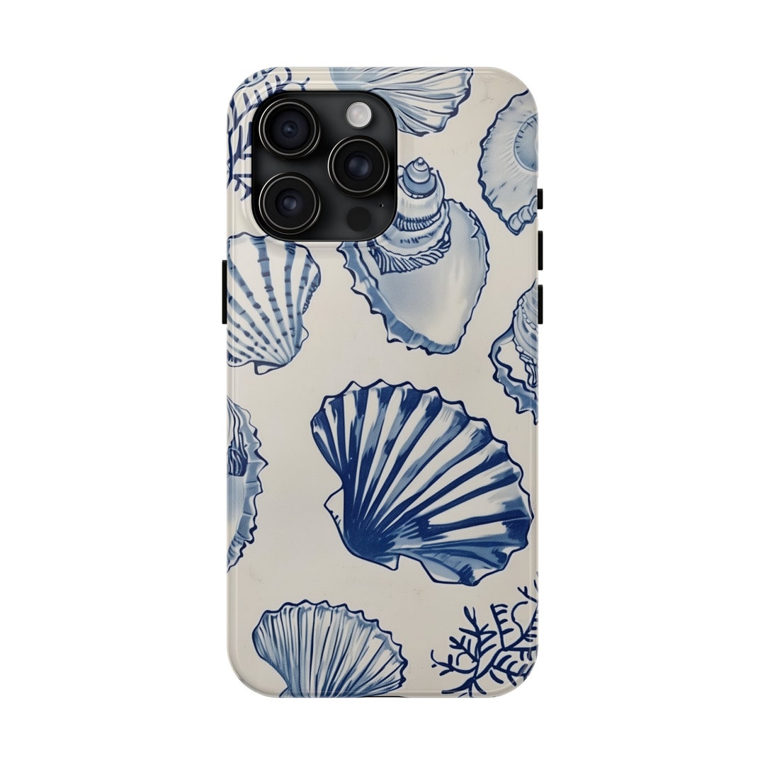 Seashell Phone Case, Blue and White Seashell Pattern, iPhone 15, 14, 13 ...