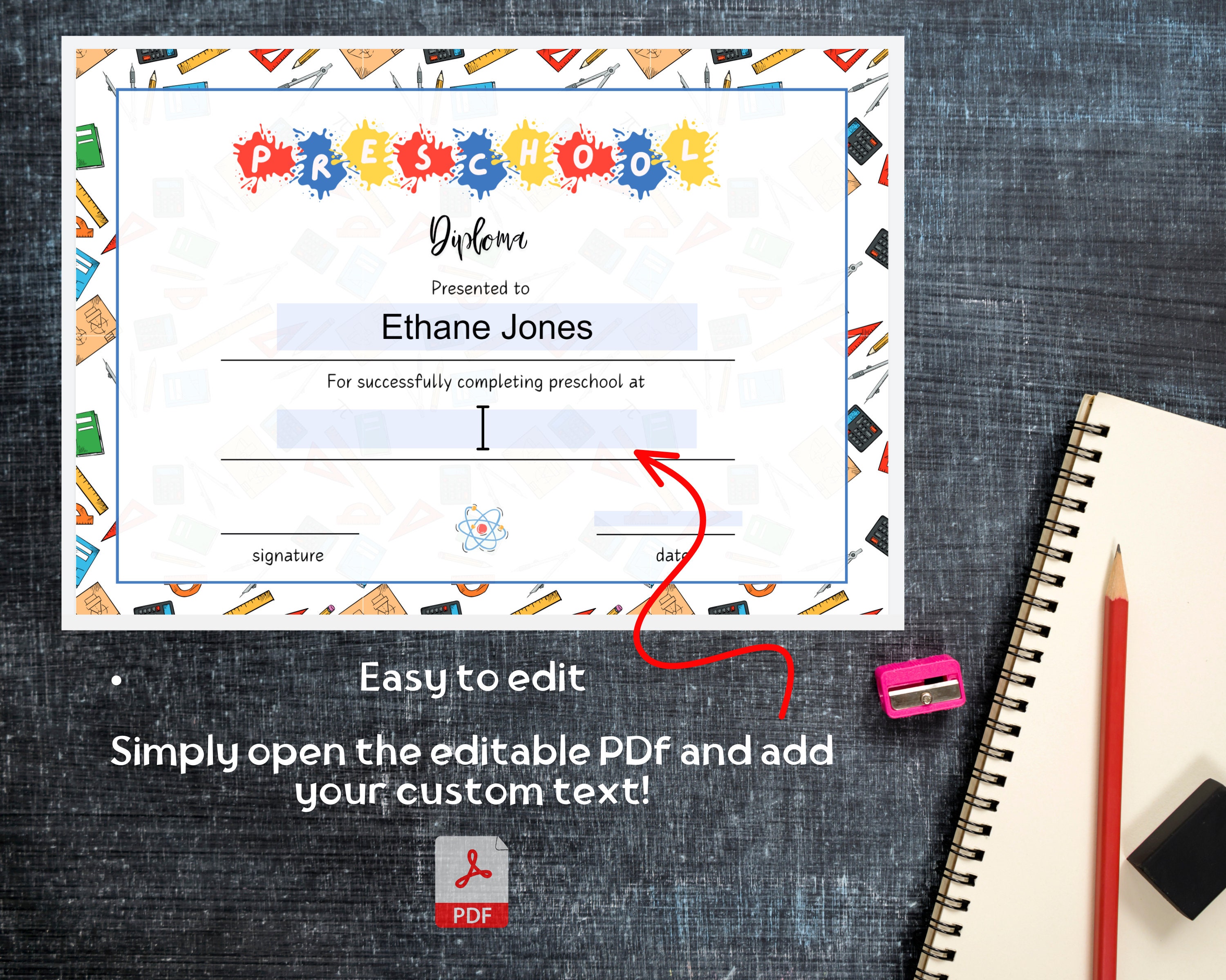Editable Preschool Diploma Personalized Graduation Certificate School ...