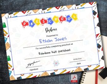 Editable Preschool Diploma Personalized Graduation Certificate School ...