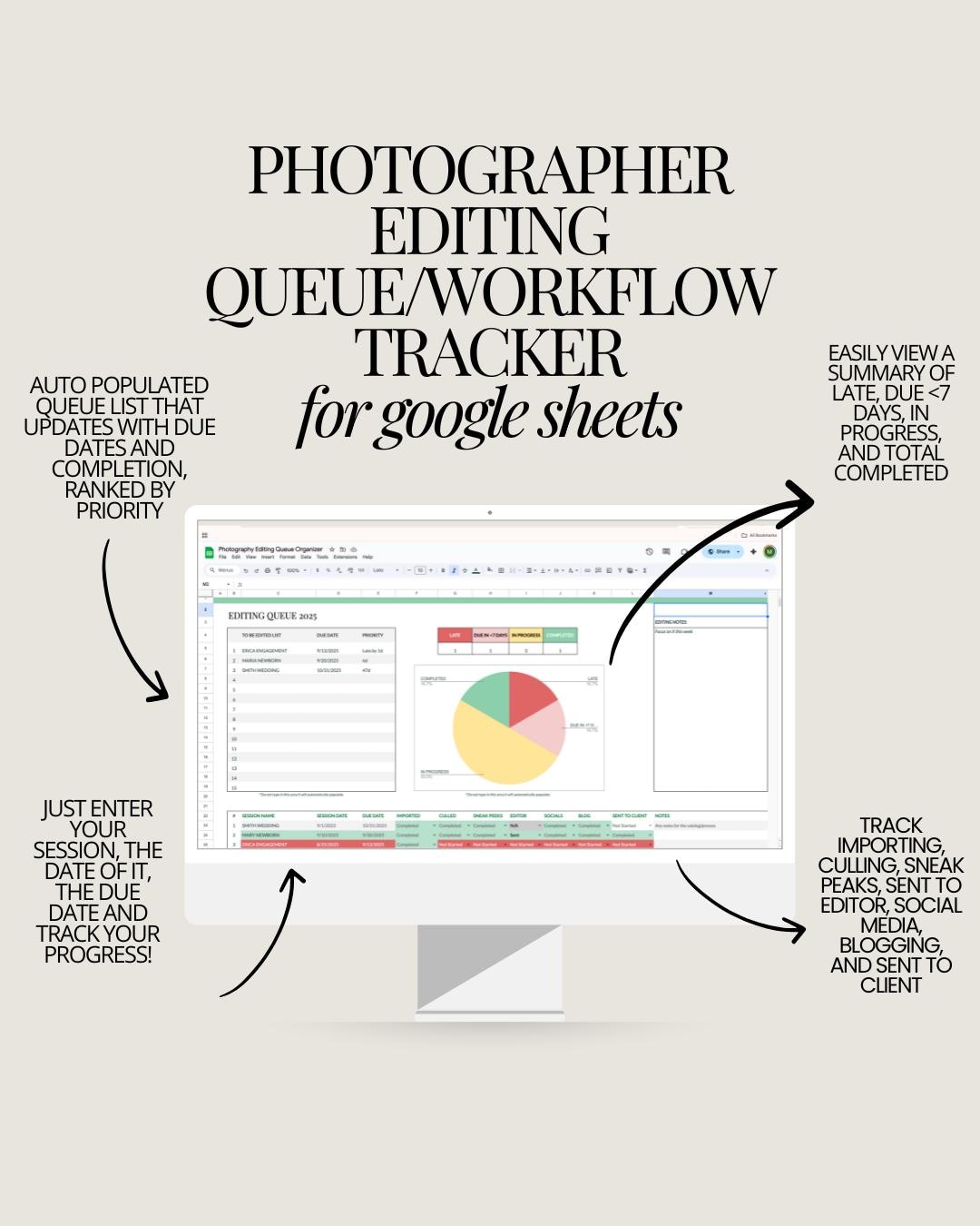 Photographer Editing Queue Workflow Tracker for Google Sheets - Etsy
