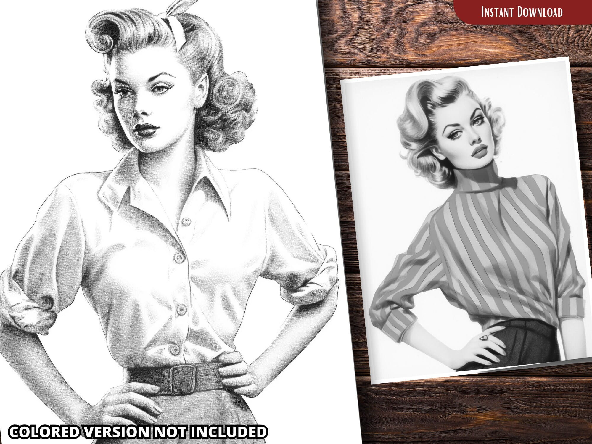 1950s Vintage Style Girl Coloring Pages for Adults and for Kids ...