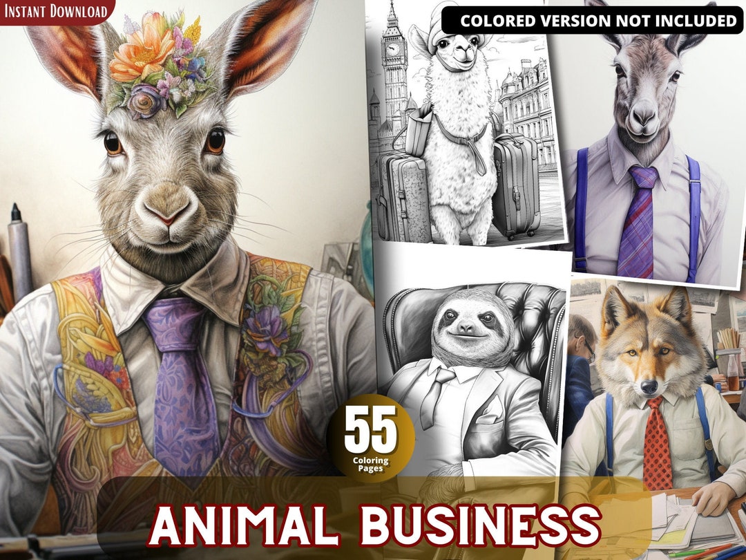 Animal Business Coloring Pages for Adults and for Kids Grayscale ...