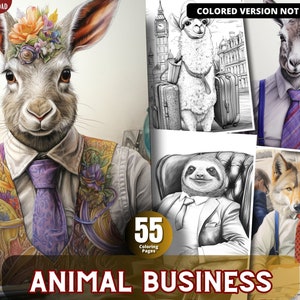 Animal Business Coloring Pages for Adults and for Kids Grayscale ...