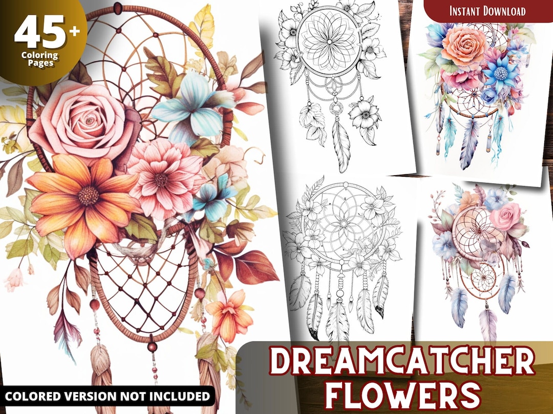 Dreamcatcher Flowers Coloring Pages for Adults and for Kids Grayscale ...