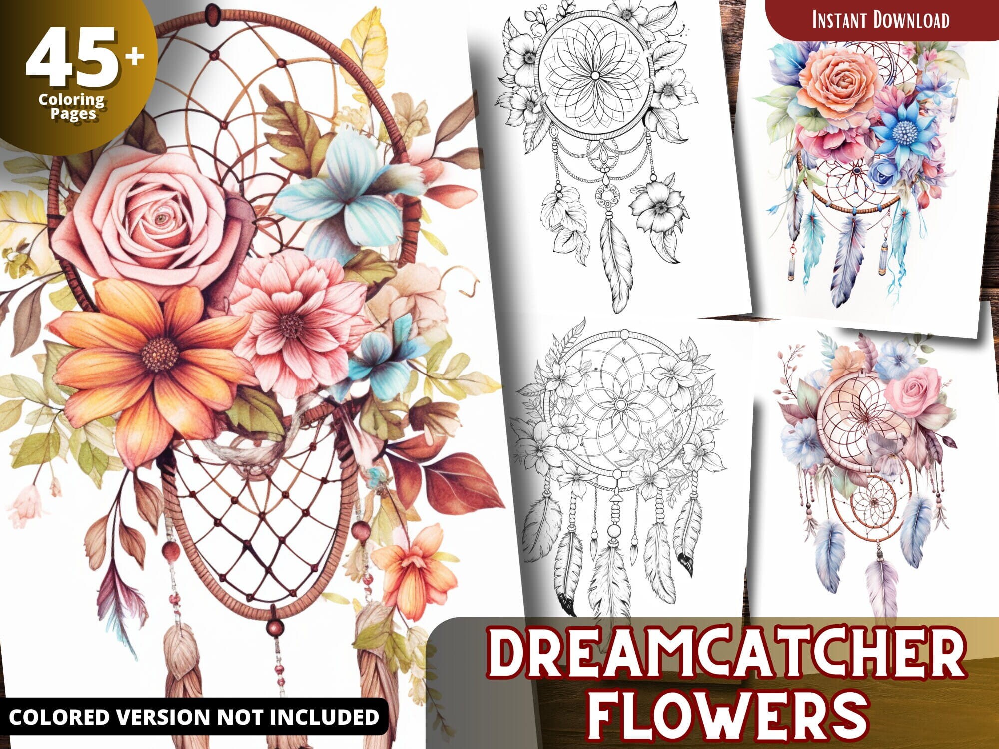 Dreamcatcher Flowers Coloring Pages for Adults and for Kids Grayscale ...