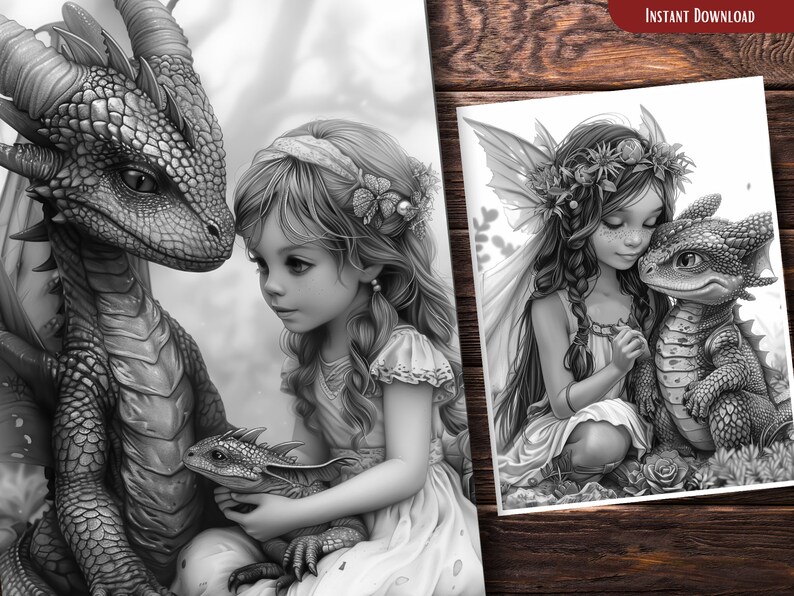 Girl and Dragon Coloring Pages for Adults and for Kids for Relax and ...