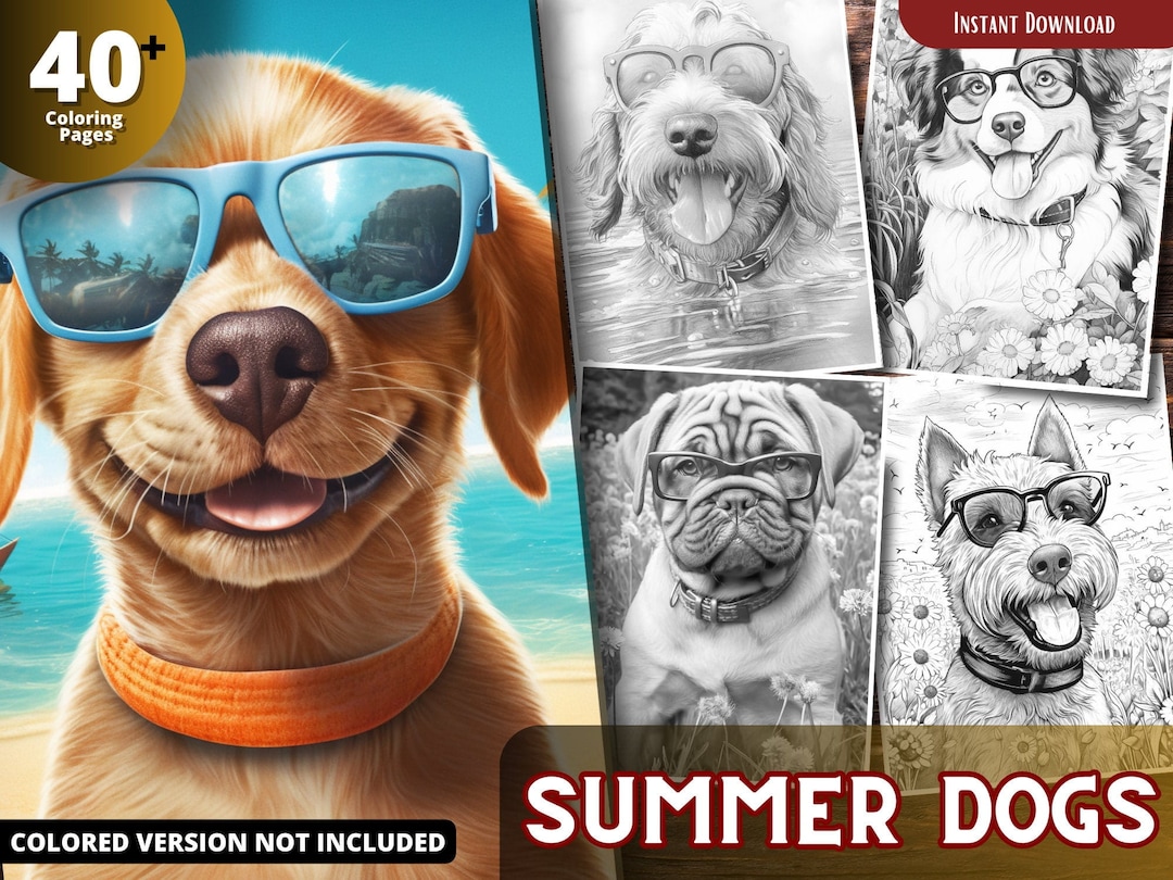Summer Dogs Coloring Pages for Adults and for Kids for Relax and Stress ...