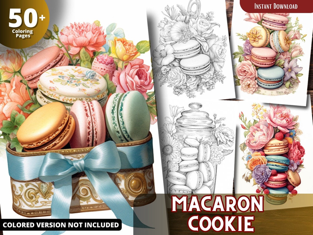 Macarons Coloring Pages for Adults and for Kids Grayscale Coloring ...