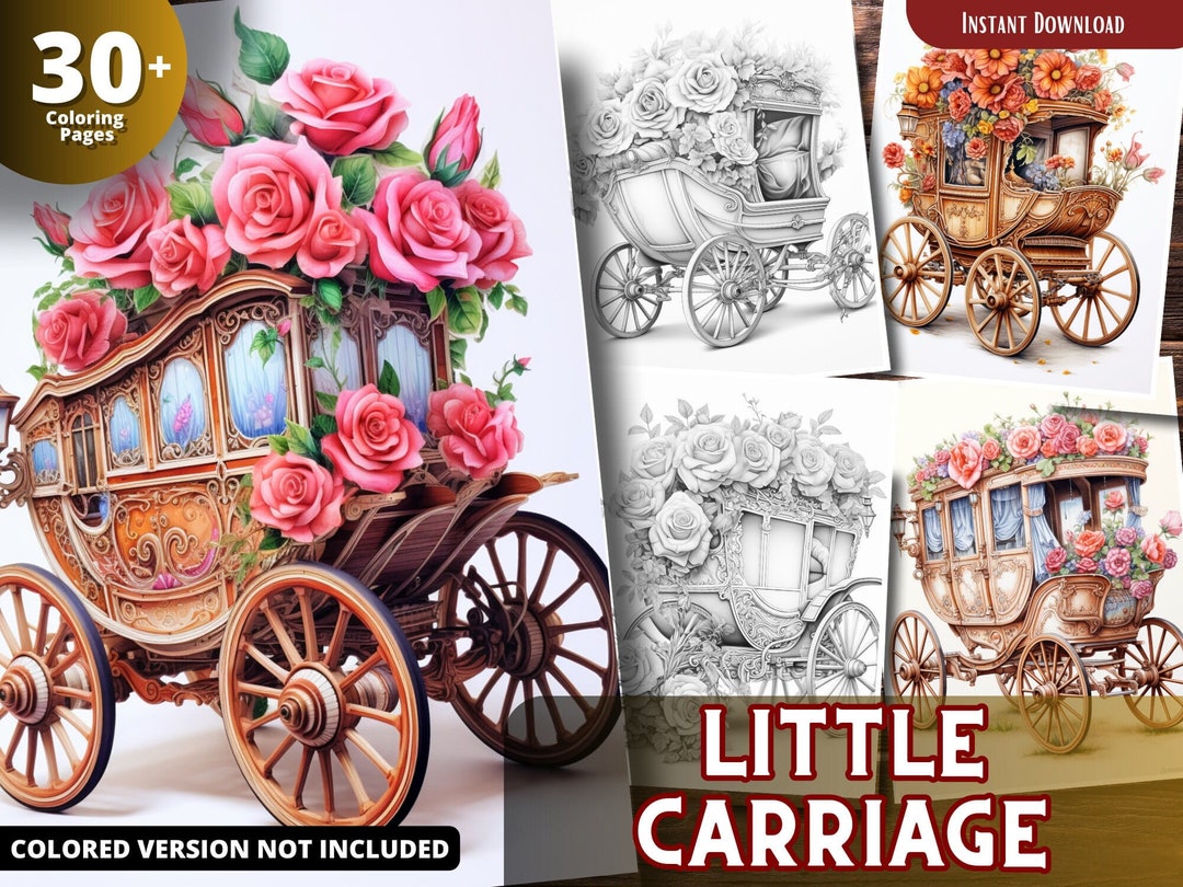 Little Carriage Coloring Pages for Adults and for Kids, Grayscale ...