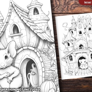 Mouse House Coloring Pages for Adults and for Kids, Grayscale Coloring ...