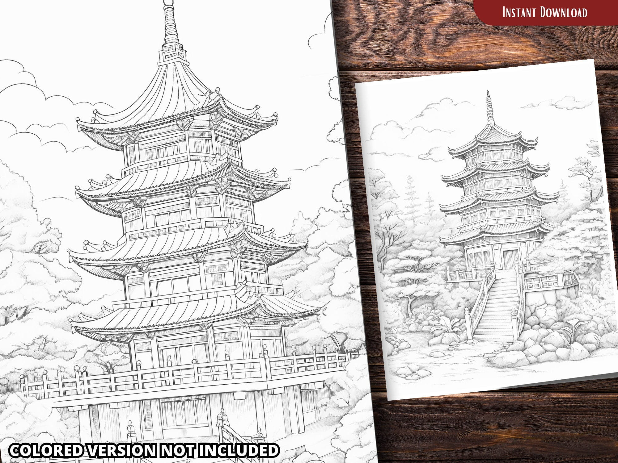 Pagoda Coloring Pages for Adults and for Kids for Relax and Stress ...