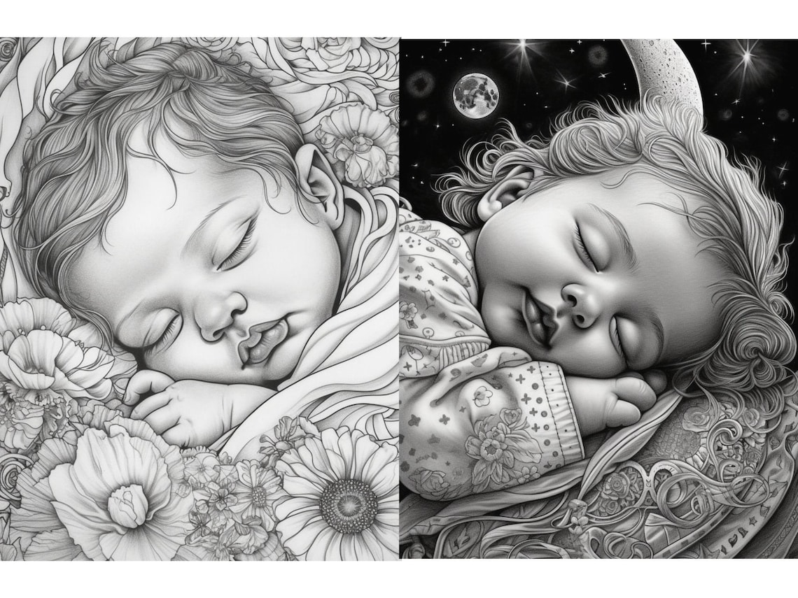 Sleeping Baby Coloring Pages, Instant Download, Grayscale Coloring Book ...