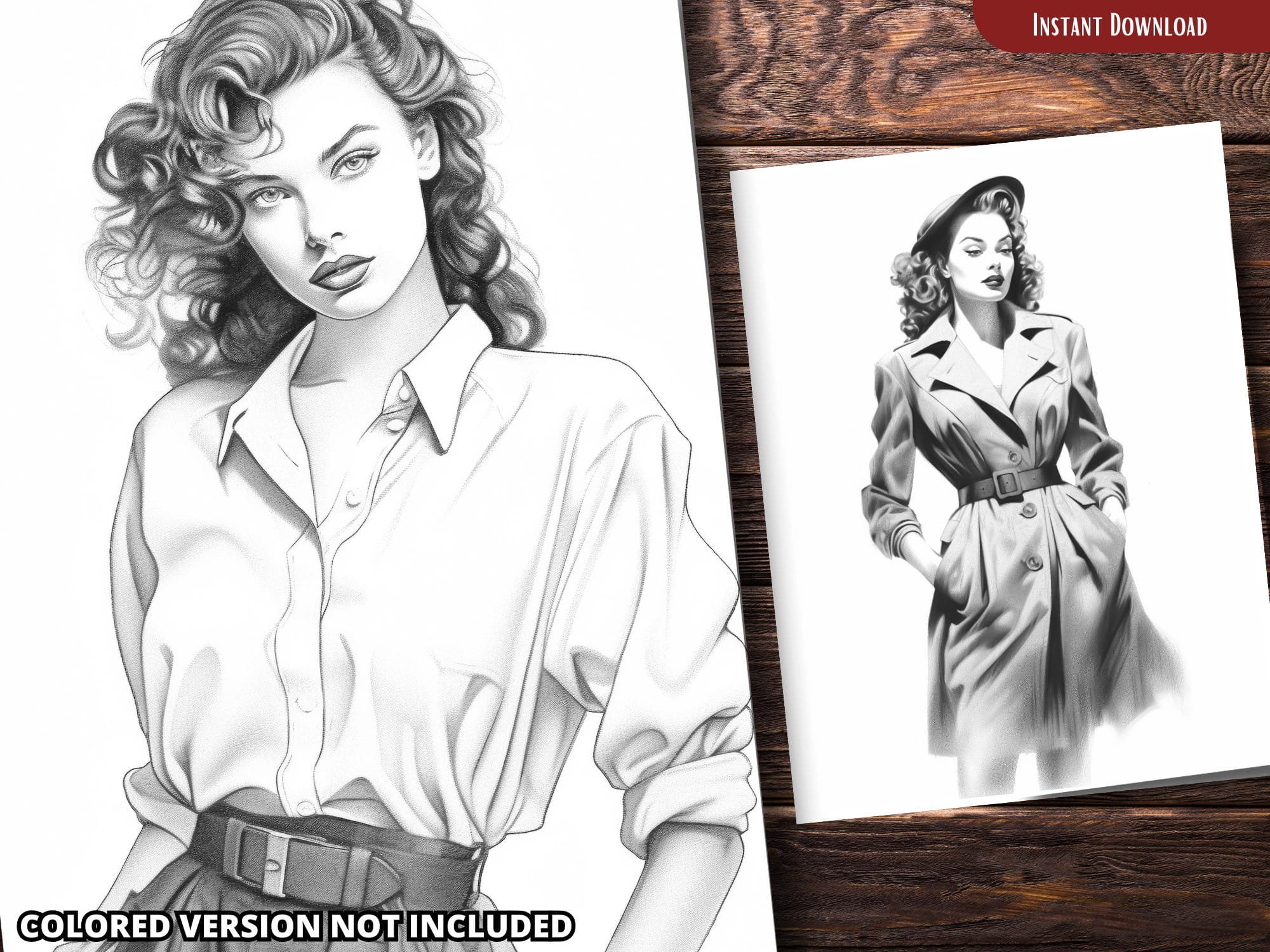 1950s Vintage Style Girl Coloring Pages for Adults and for Kids ...