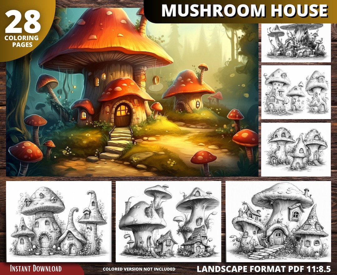 Mushroom House Coloring Pages for Adults and for Kids Grayscale ...