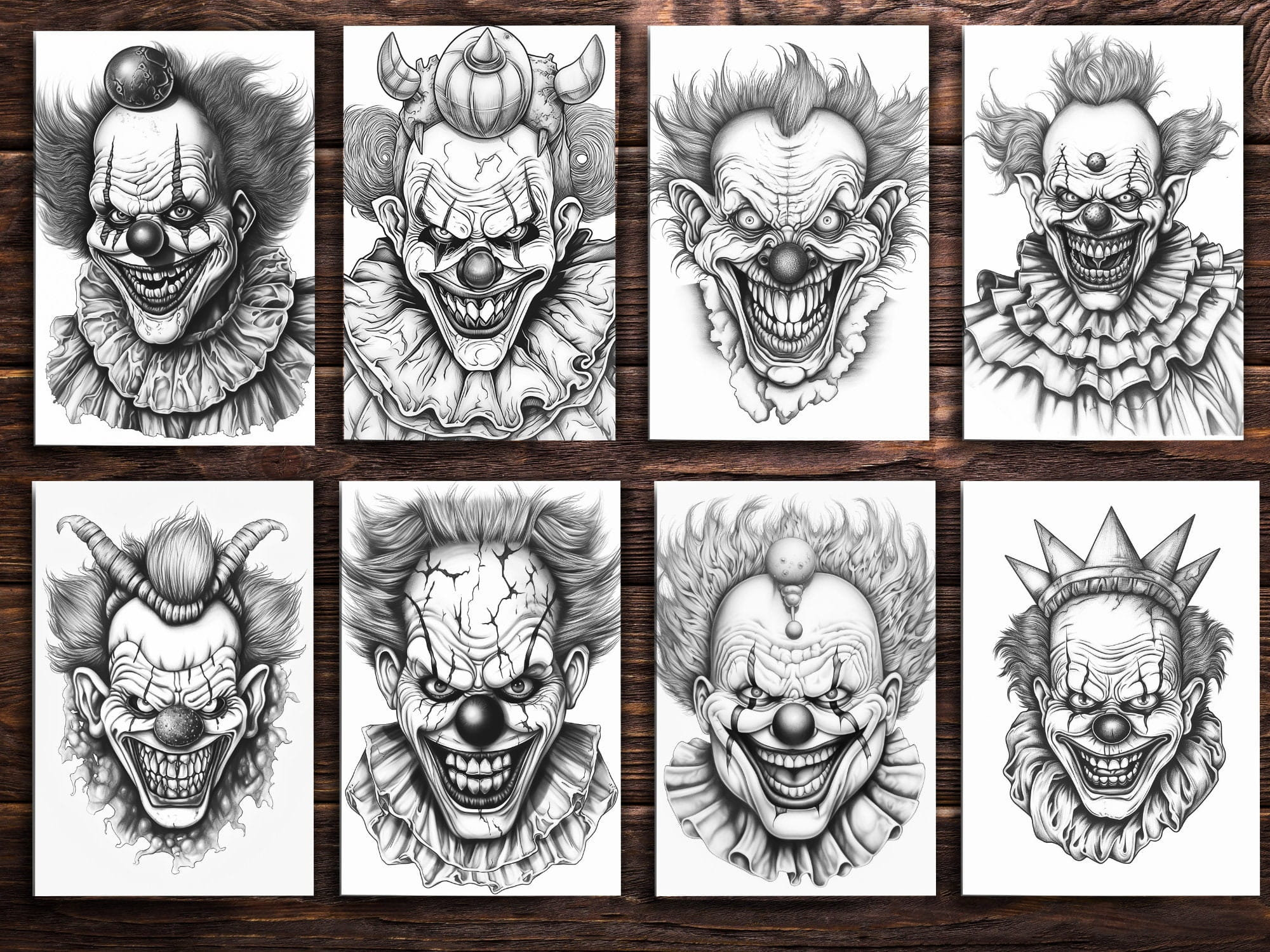 Creepy Clown Coloring Pages for Adults and for Kids Grayscale Coloring ...