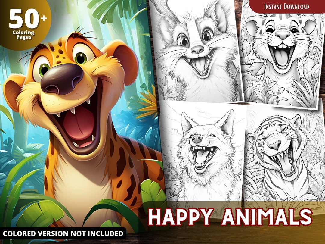 Happy Animal Coloring Pages for Adults and for Kids, Grayscale Coloring ...
