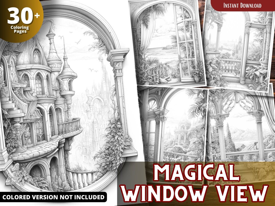 Magical Fantasy Window Landscape Coloring Pages for Adults and for Kids ...