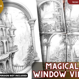 Magical Fantasy Window Landscape Coloring Pages for Adults and for Kids ...