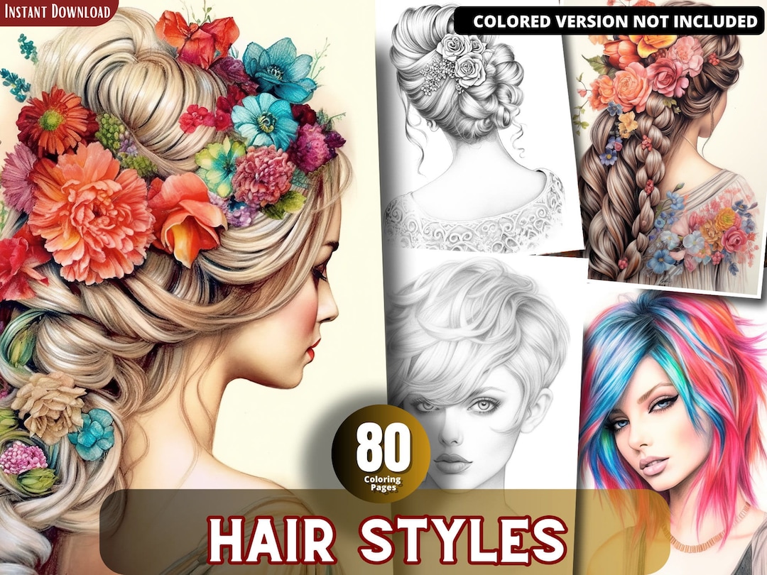 Hair Style Coloring Pages for Adults and for Kids, Grayscale Coloring ...