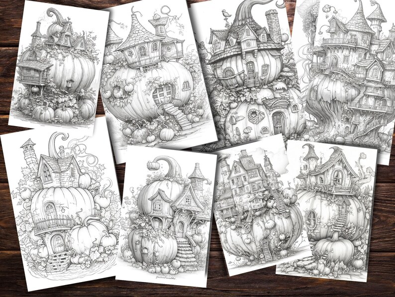 Pumpkin Fairy Houses Coloring Pages for Adults and for Kids for Relax ...