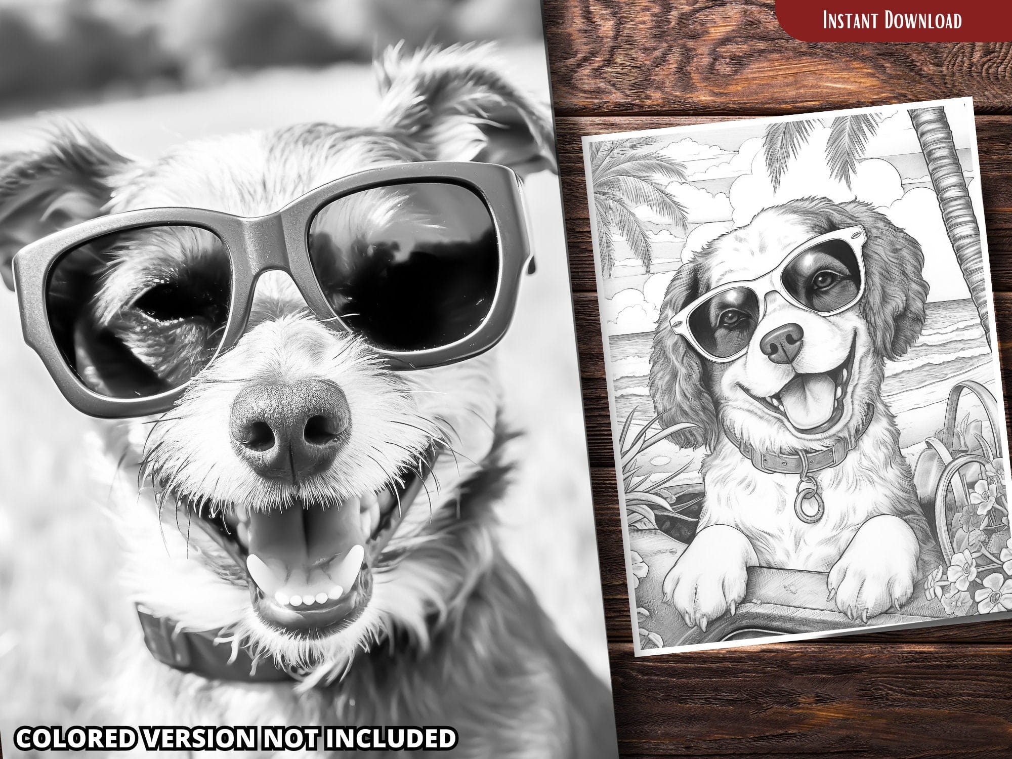 Summer Dogs Coloring Pages for Adults and for Kids for Relax and Stress ...