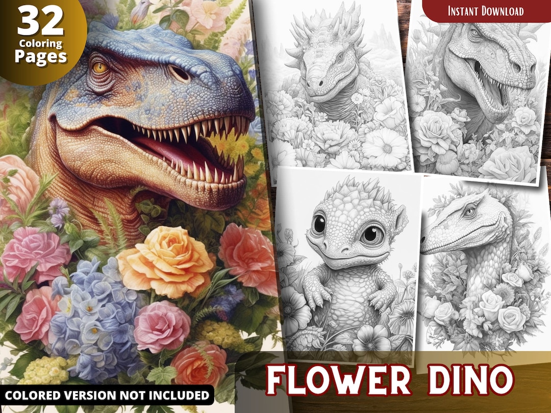 Folwer Dinosaur Coloring Pages for Adults and for Kids Grayscale ...