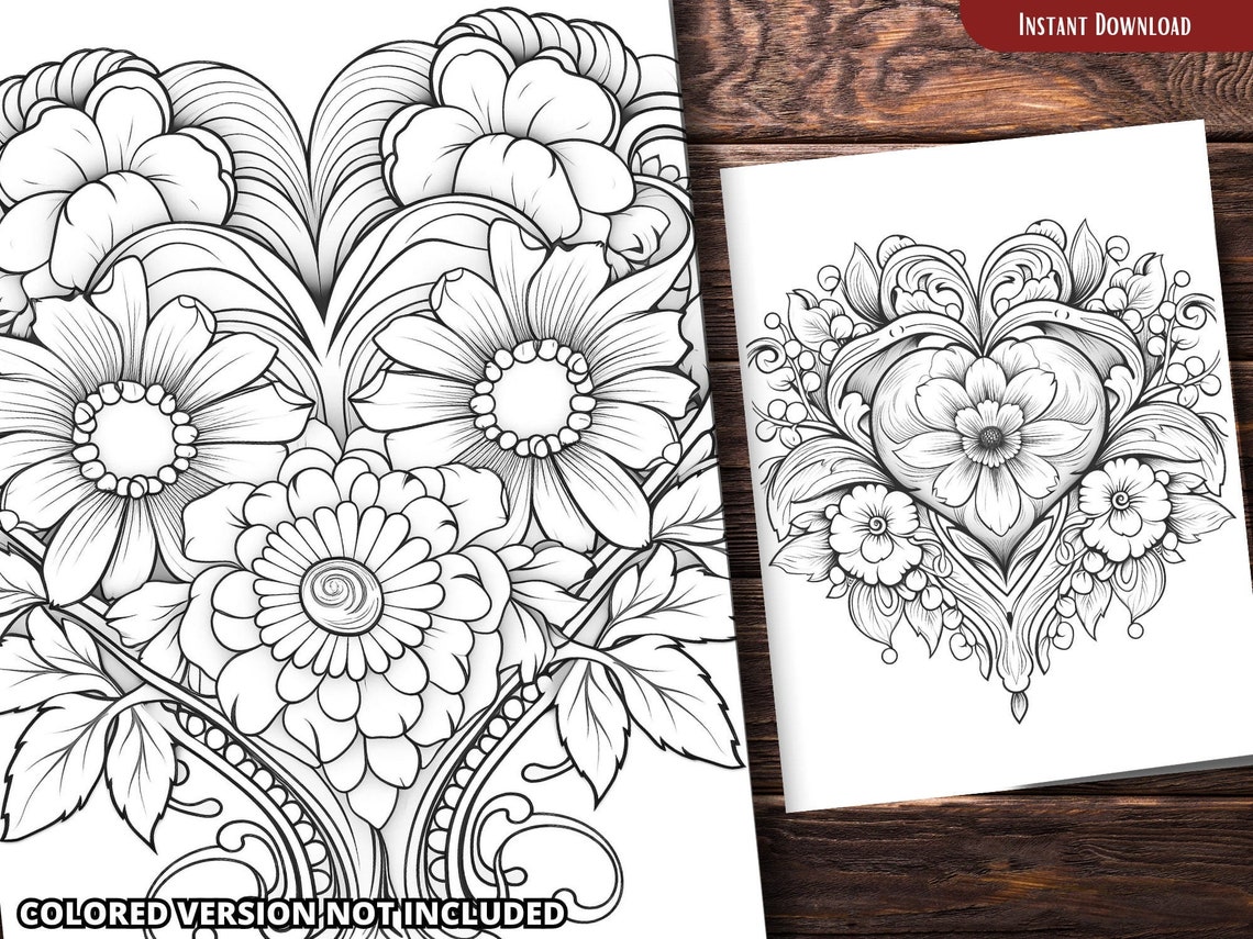 Heart With Flowers Coloring Pages, Grayscale Coloring Book (printable ...