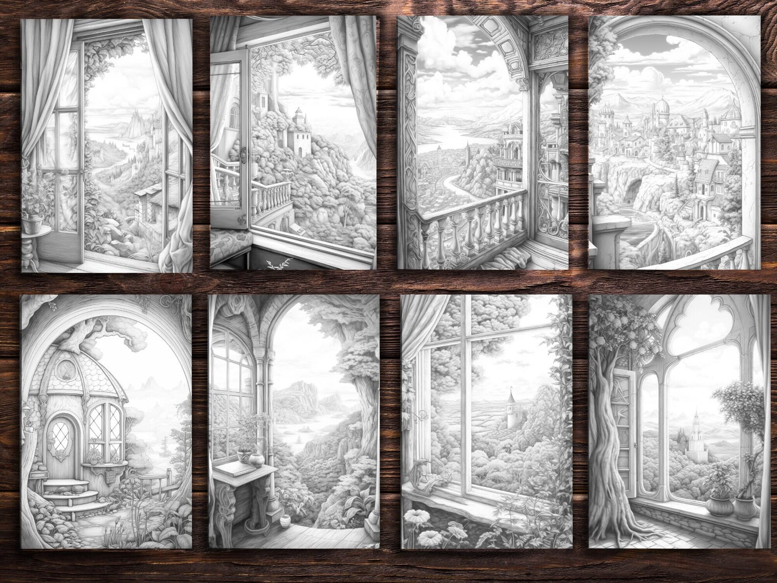 Fantasy Landscape Window View Coloring Pages for Adults and for Kids ...