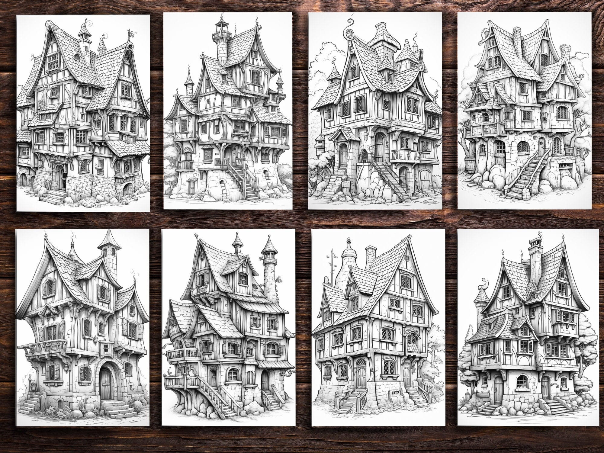 Medieval House Coloring Pages, Grayscale Stress Relief (printable PDF ...