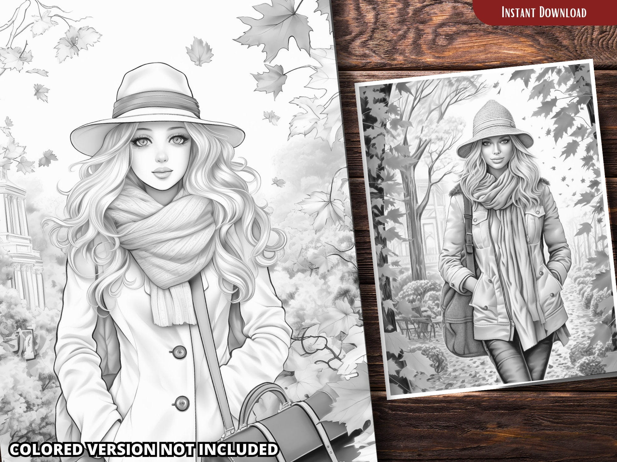 Fall Season Fashion Coloring Pages for Adults and for Kids Grayscale ...