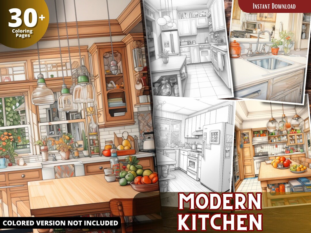Modern Kitchen Coloring Pages for Adults and for Kids for Relax and ...