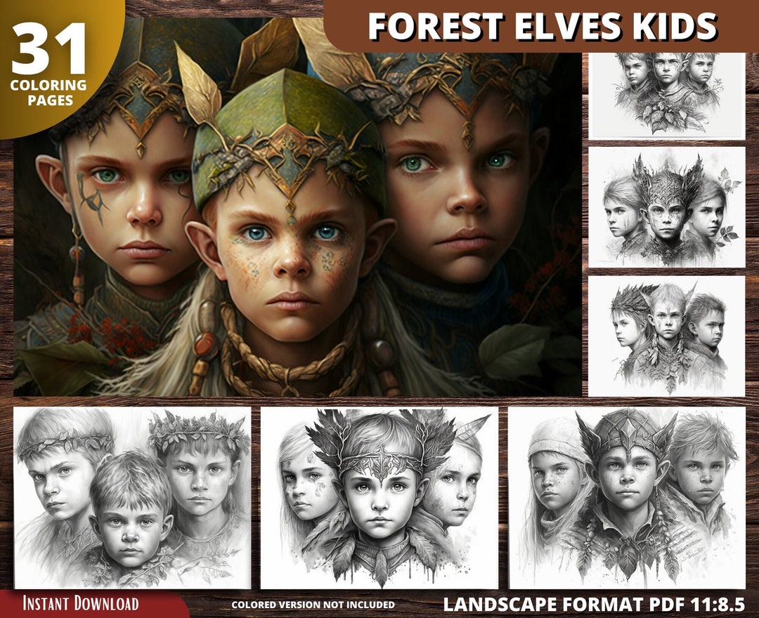 Forest Elves Kids Coloring Pages for Adults and for Kids Grayscale ...
