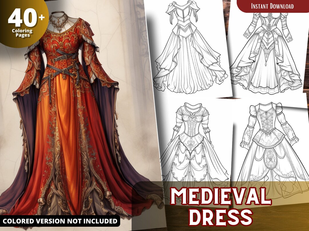 Medieval Dress Coloring Pages for Adults and for Kids Grayscale ...