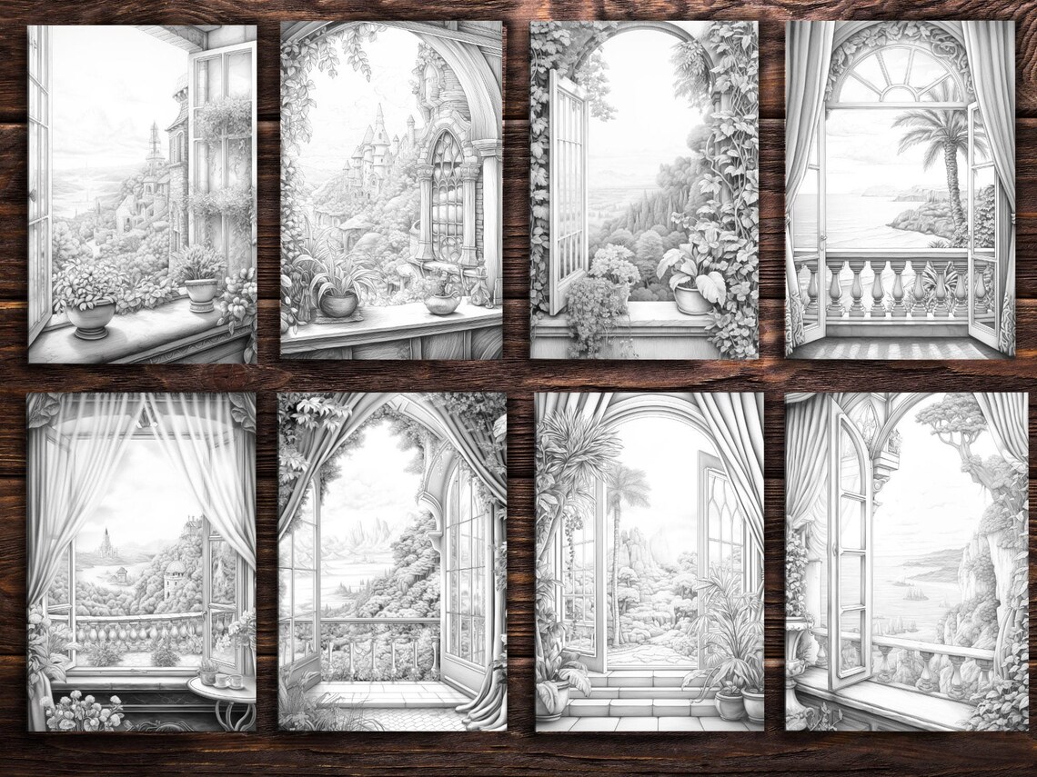 Fantasy Window Landscape Grayscale Coloring Pages for Adults & Kids ...
