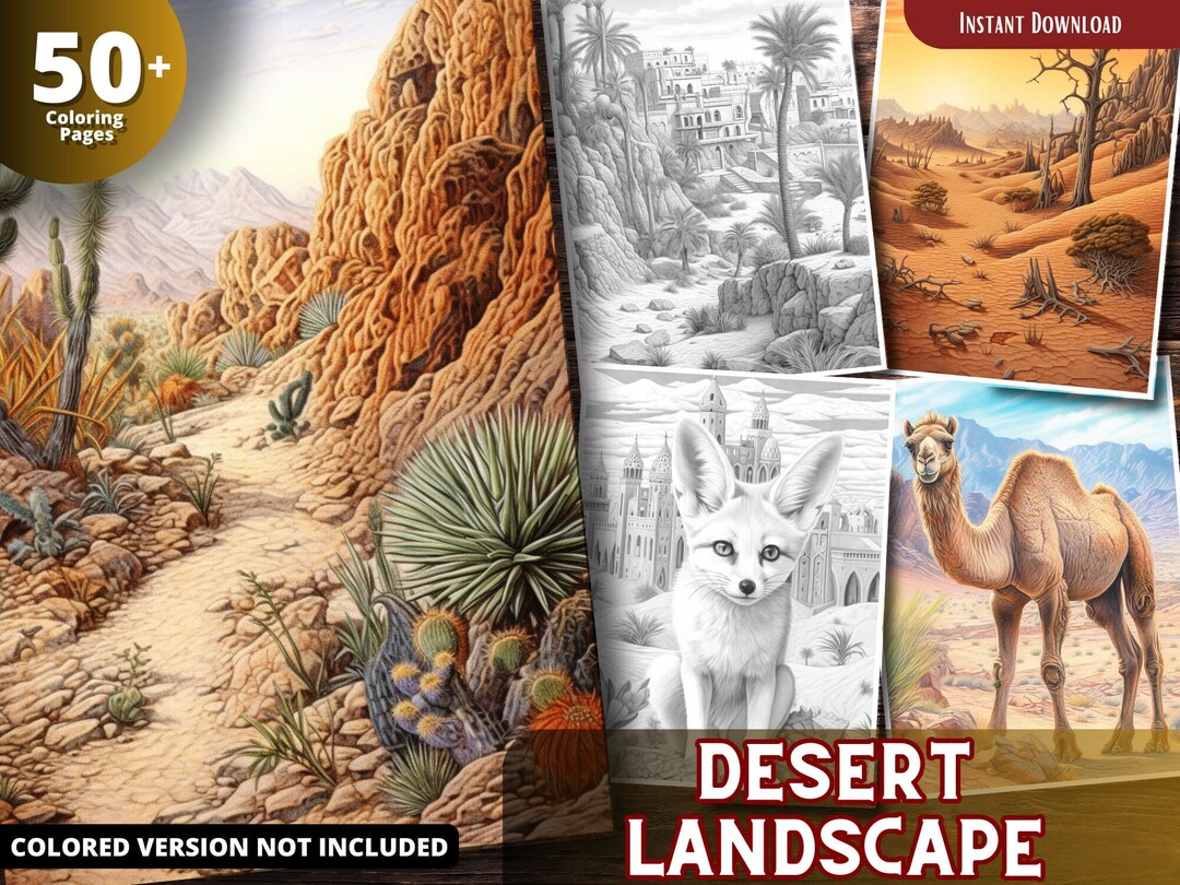 Desert Landscape Coloring Pages for Adults and for Kids Grayscale ...