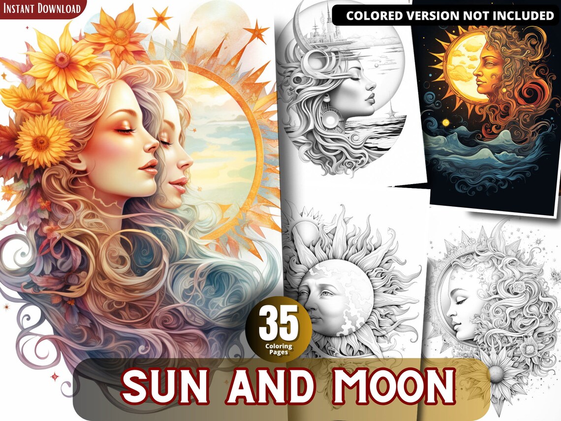 Sun and Moons Coloring Pages for Adults and for Kids Grayscale Coloring ...