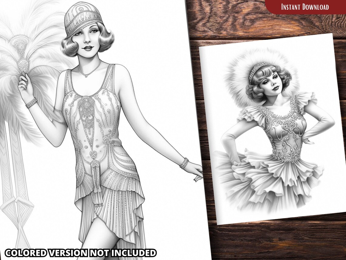 1920s Flapper Dancer Grayscale Coloring Pages for Adults & Kids ...