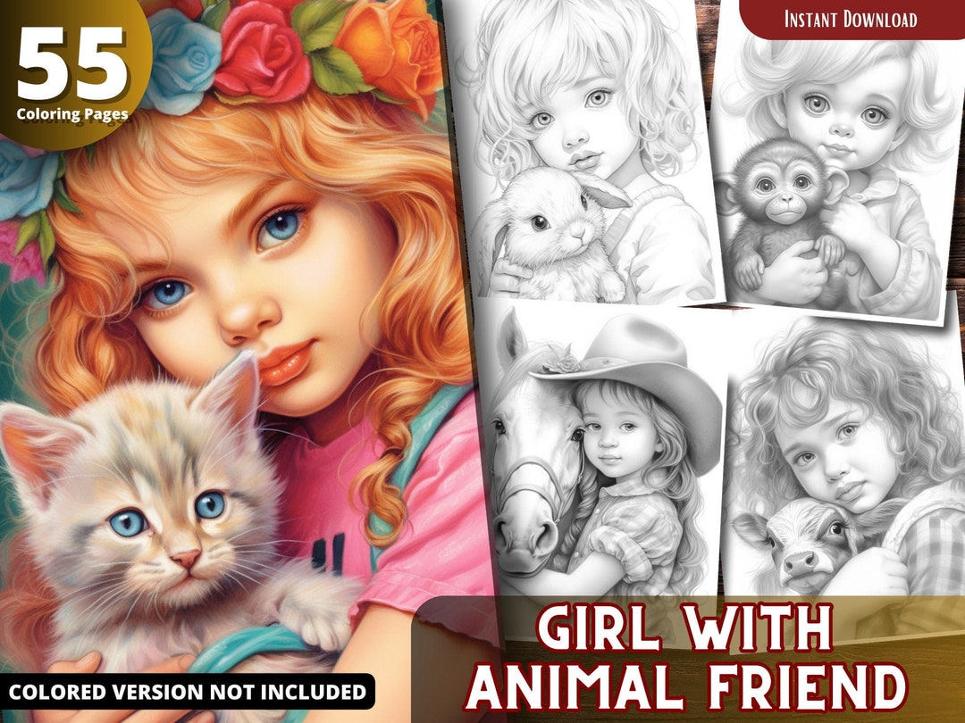 Girl With Animal Friend Coloring Pages for Adults and for Kids for ...