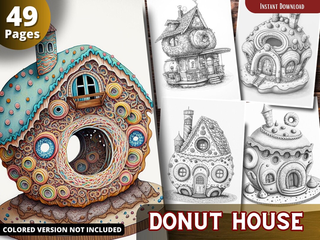 Donut Fairy Houses Coloring Pages for Adults and for Kids, Grayscale ...