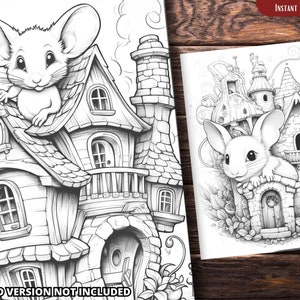 Mouse House Coloring Pages for Adults and for Kids, Grayscale Coloring ...