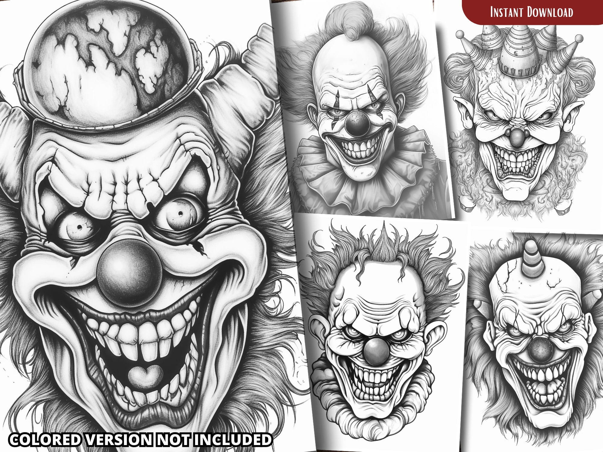 Creepy Clown Coloring Pages for Adults and for Kids Grayscale Coloring ...