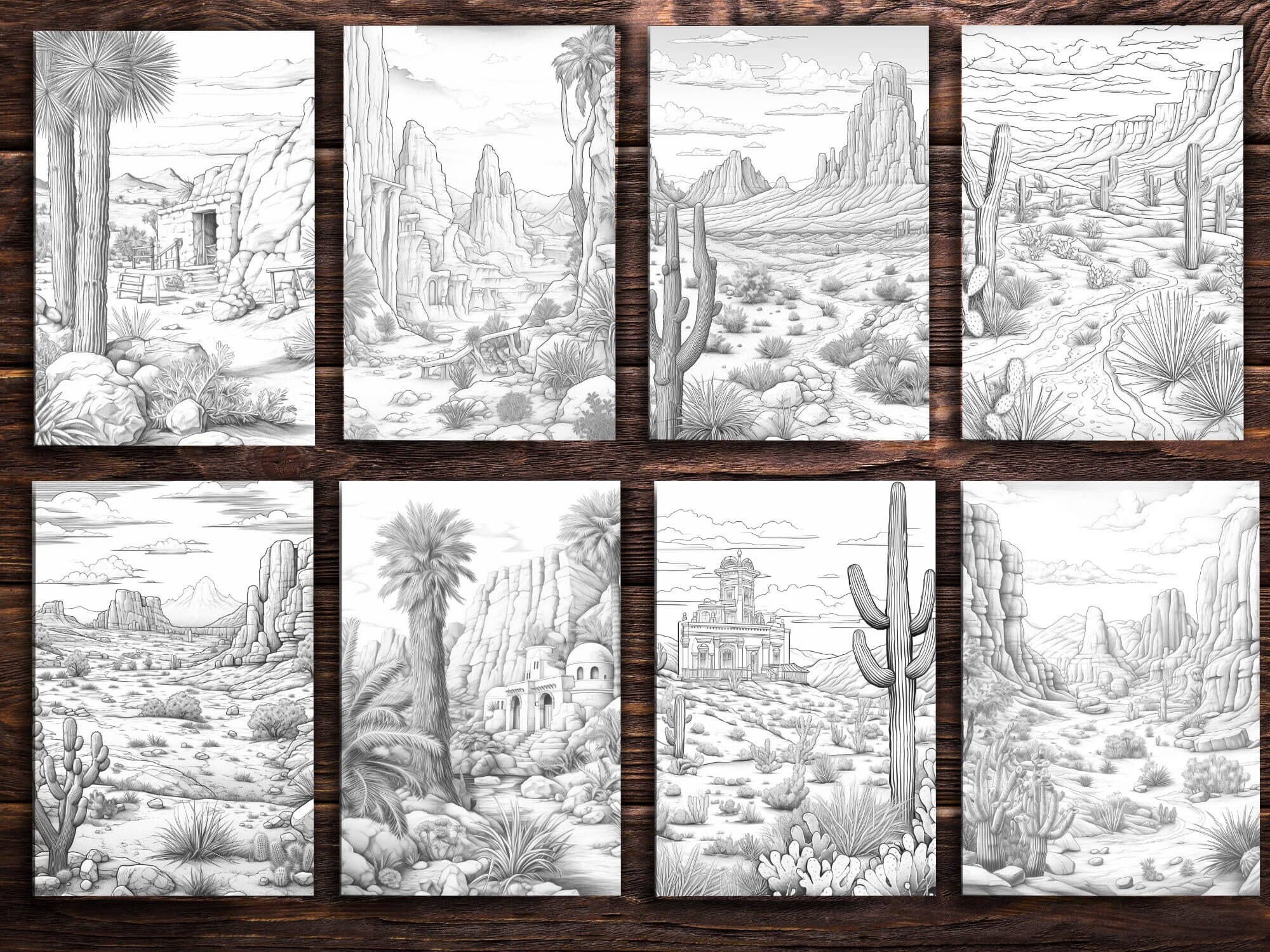 Desert Landscape Coloring Pages for Adults and for Kids Grayscale ...