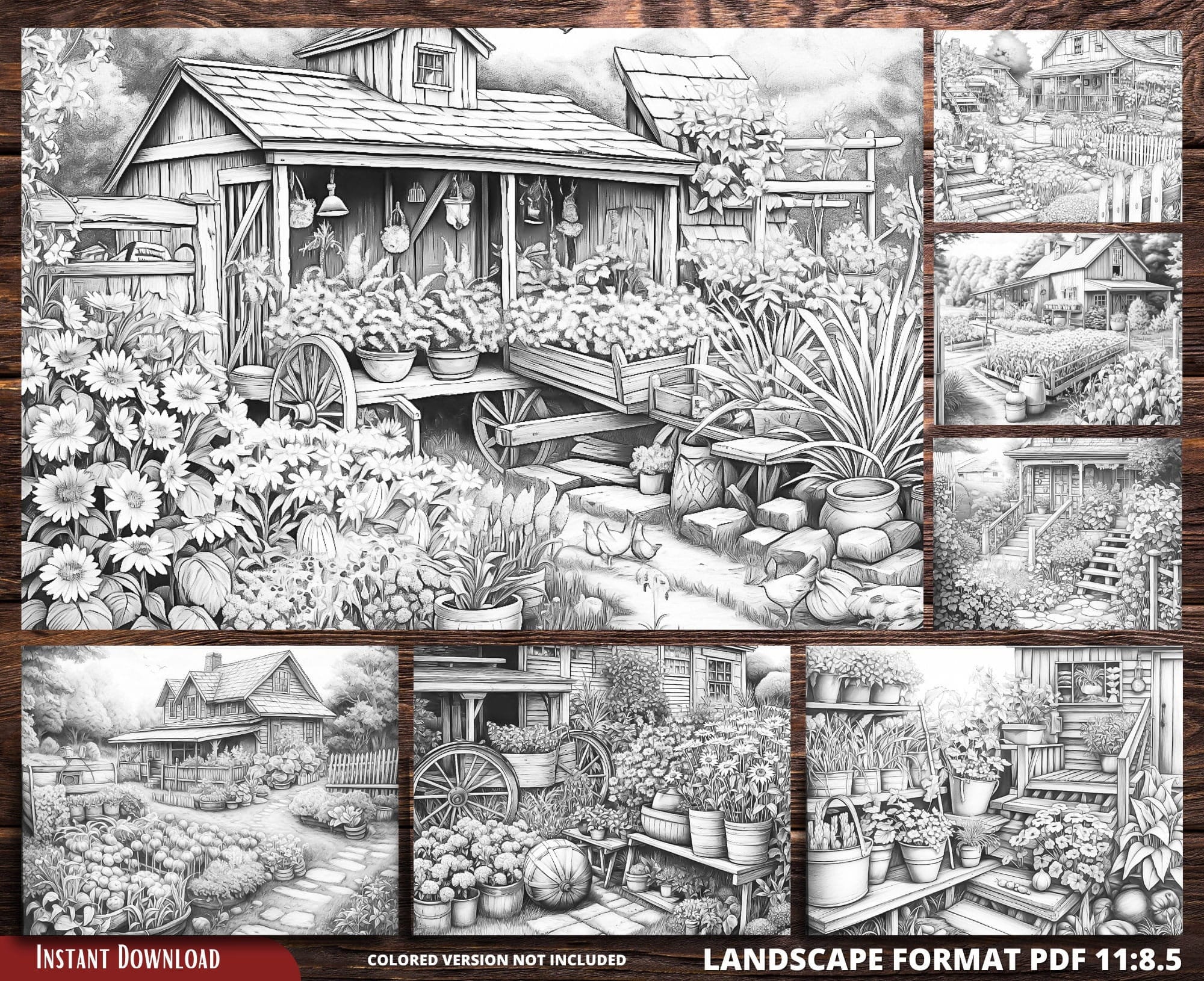 Farmer Garden , 36 Coloring Pages for Adults and for Kids, Grayscale ...