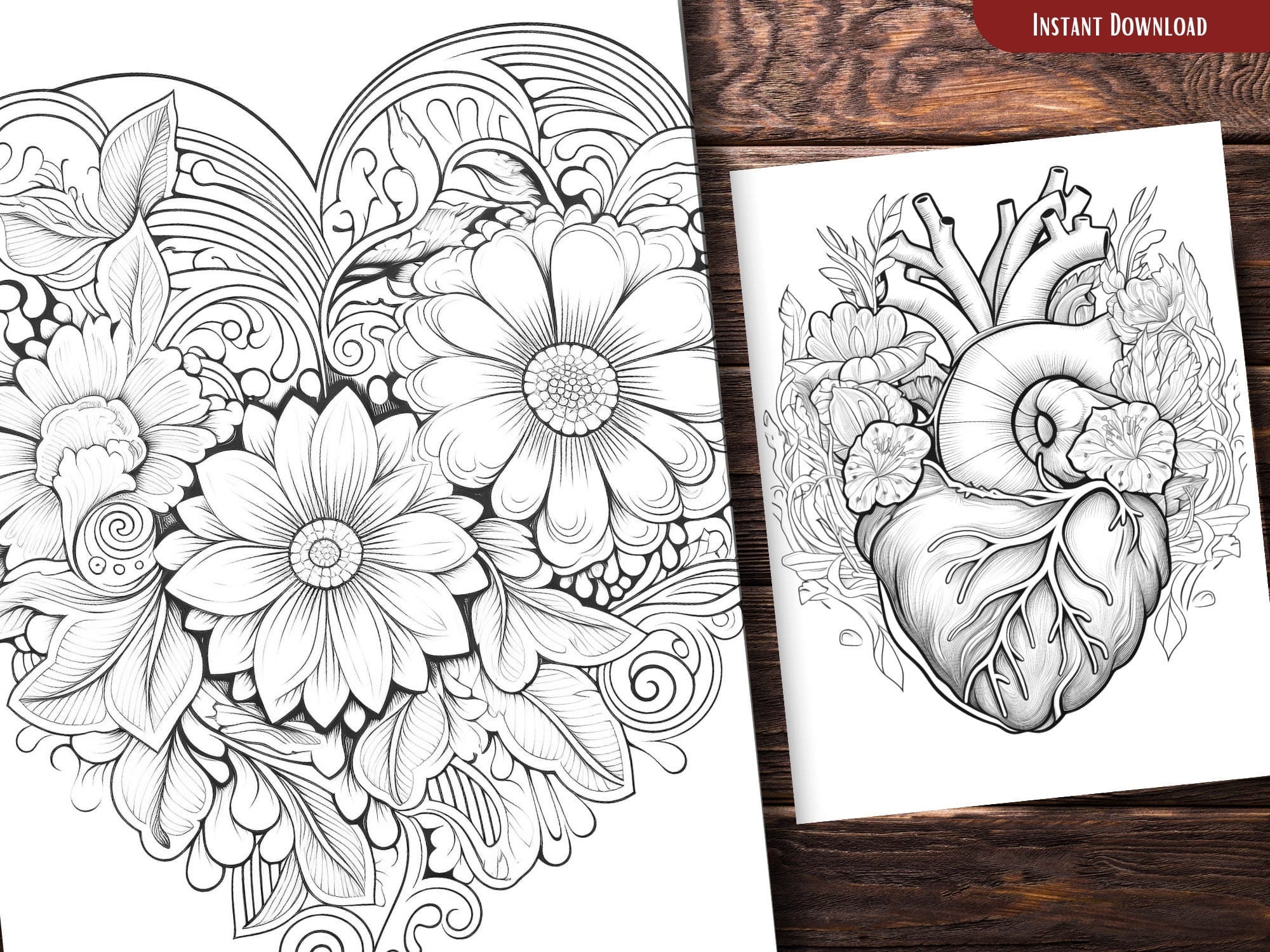 Heart With Flowers Coloring Pages, Grayscale Coloring Book (printable ...
