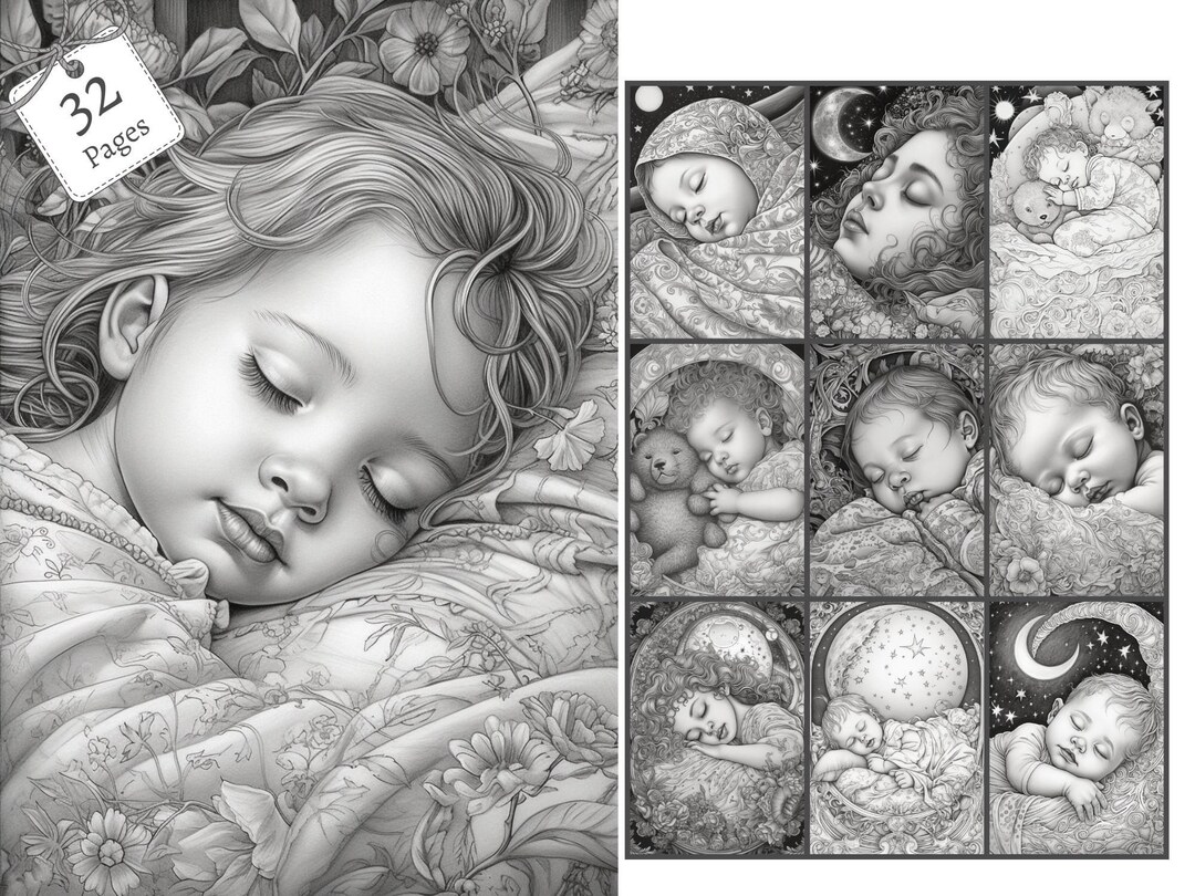 Sleeping Baby Coloring Pages, Instant Download, Grayscale Coloring Book ...