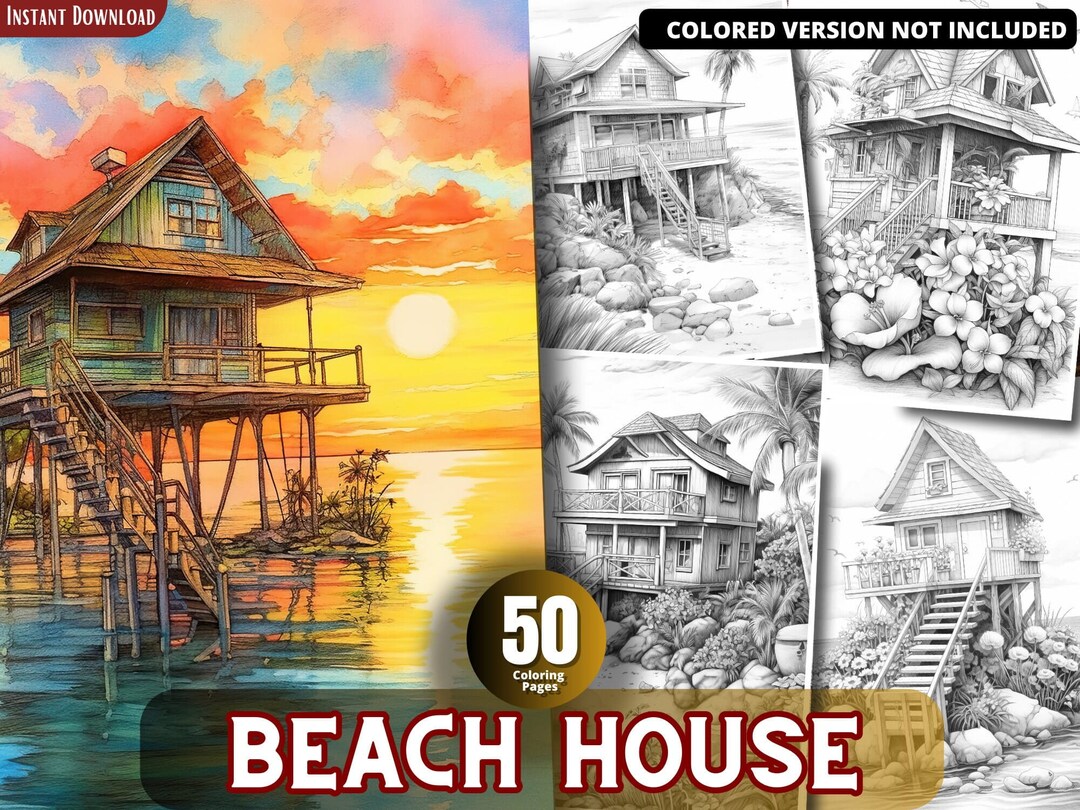 Beach House Coloring Pages for Adults and for Kids for Relax and Stress ...