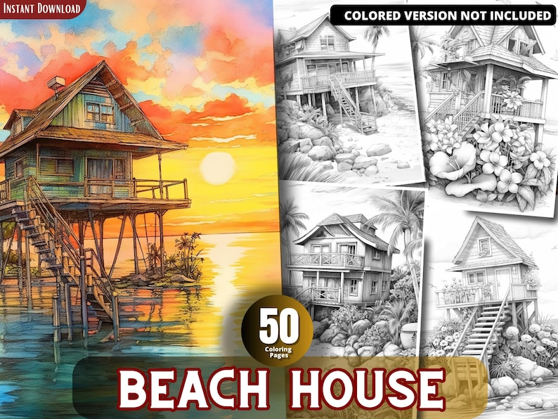 Beach House Coloring Pages for Adults and for Kids for Relax and Stress ...