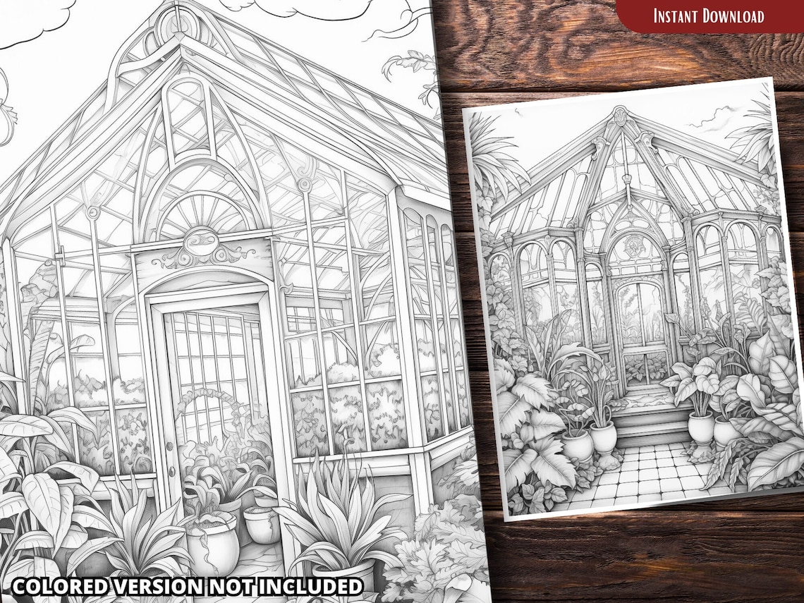 Greenhouse Coloring Pages, Grayscale Relaxing Places (printable PDF) - Etsy